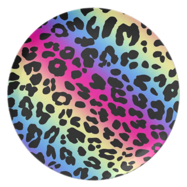 Neon Rainbow Leopard Pattern Print Dinner Plate | Zazzle