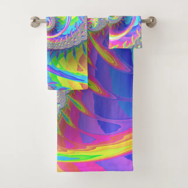 Neon Rainbow Spiral Fractal Abstract Digital Art Bath Towel Set | Zazzle