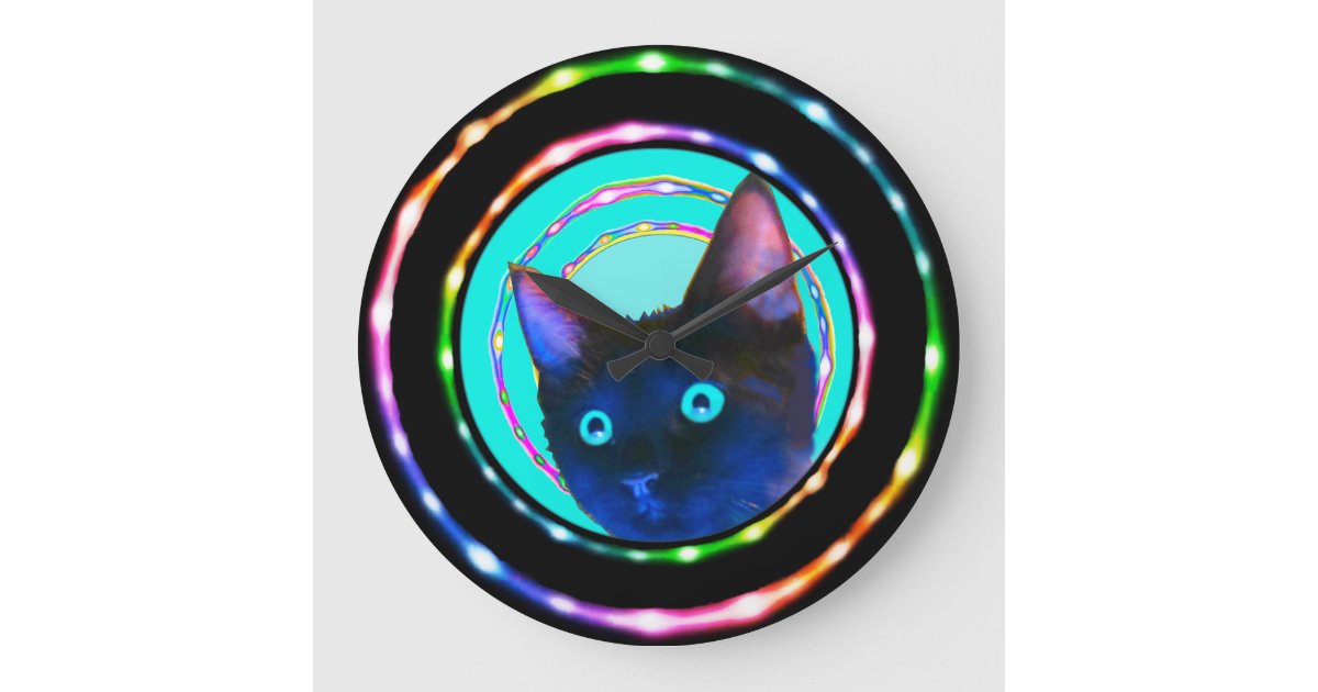 NEON RAVE CRAZY KITTY CLOCK! LARGE CLOCK | Zazzle