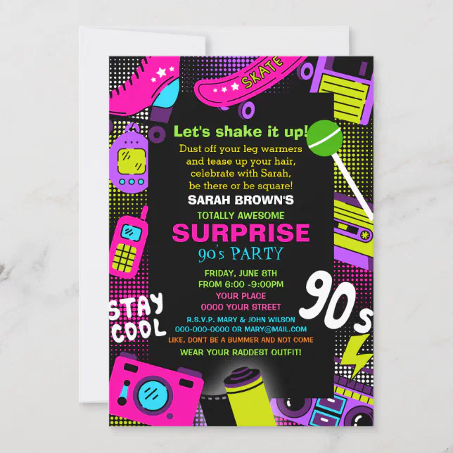 Neon Retro Totally Awesome 90s Birthday Party Invitation | Zazzle