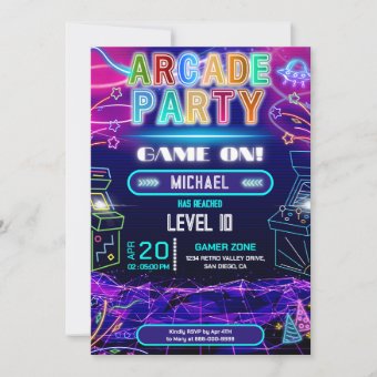 Neon retro video arcade gaming birthday party invitation | Zazzle