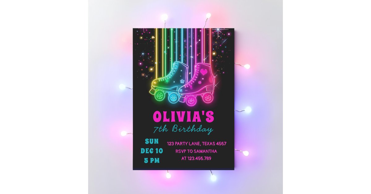Neon Roller Skating Birthday | Glow Party Invitation | Zazzle