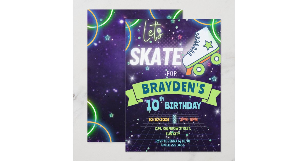 Neon Roller Skating Glow Birthday Boy Invitation | Zazzle