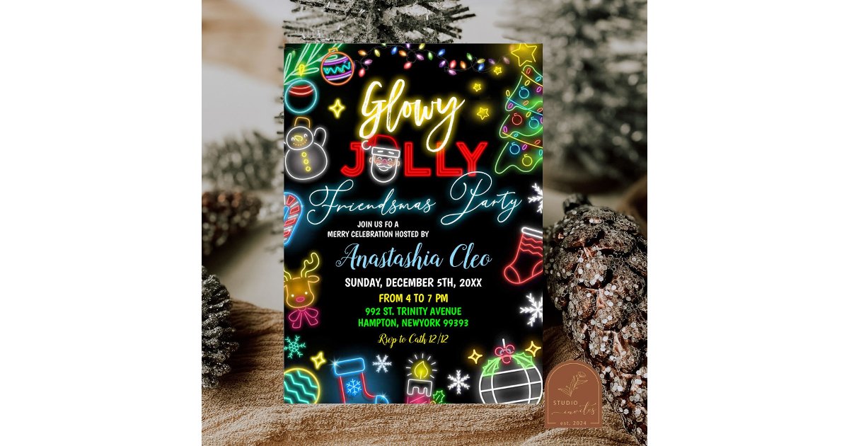 Neon Santa Glowy Jolly Friendsmas Holiday Party Invitation | Zazzle