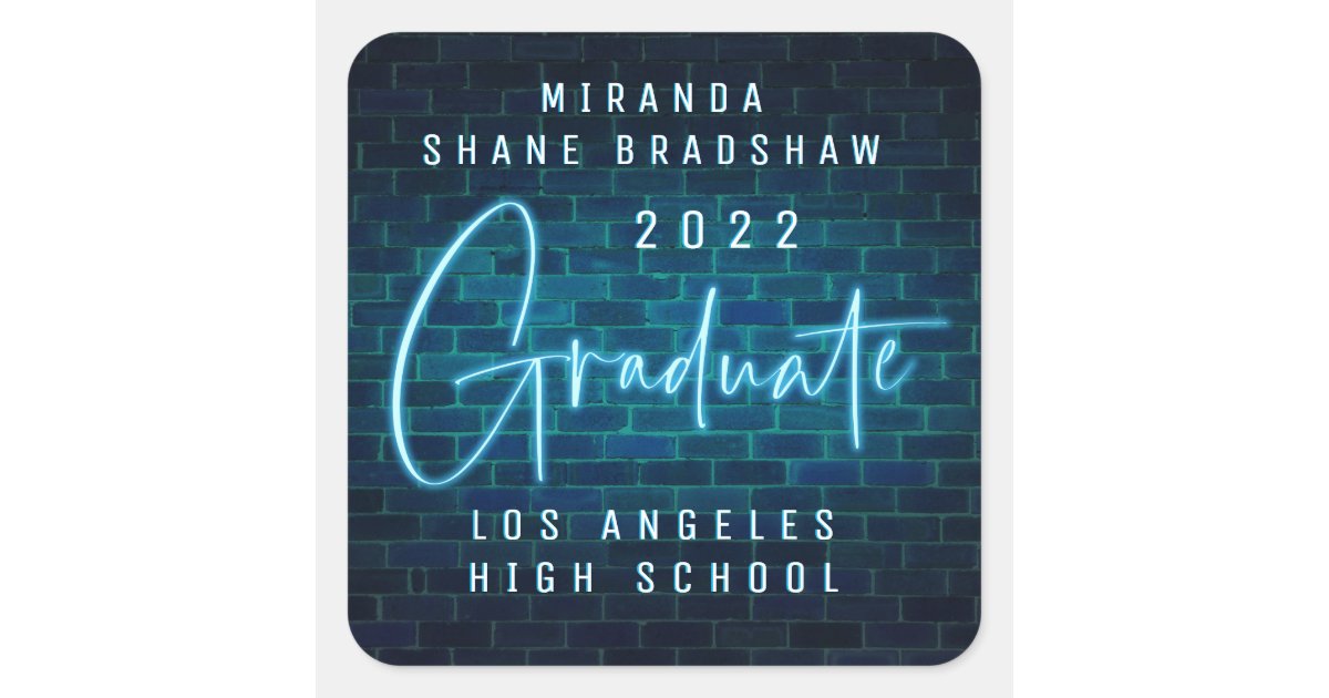 Neon Sign Blue Graduate Square Sticker | Zazzle