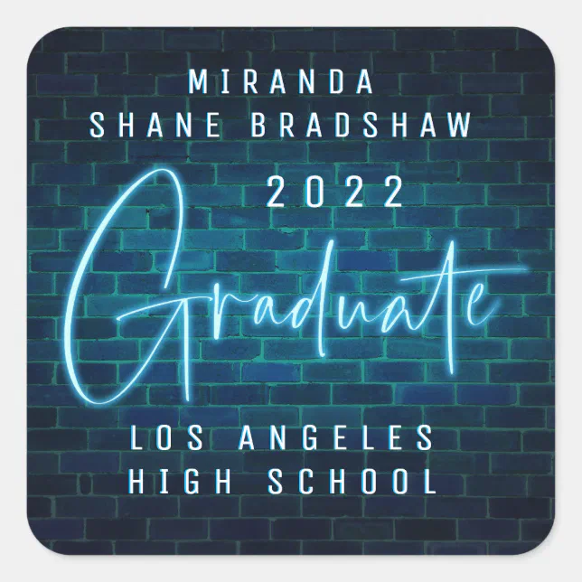 Neon Sign Blue Graduate Square Sticker | Zazzle