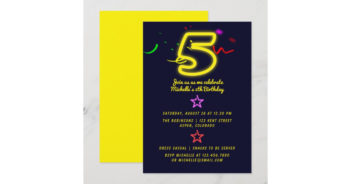 Neon Sign Fifth Birthday Party Invitation | Zazzle