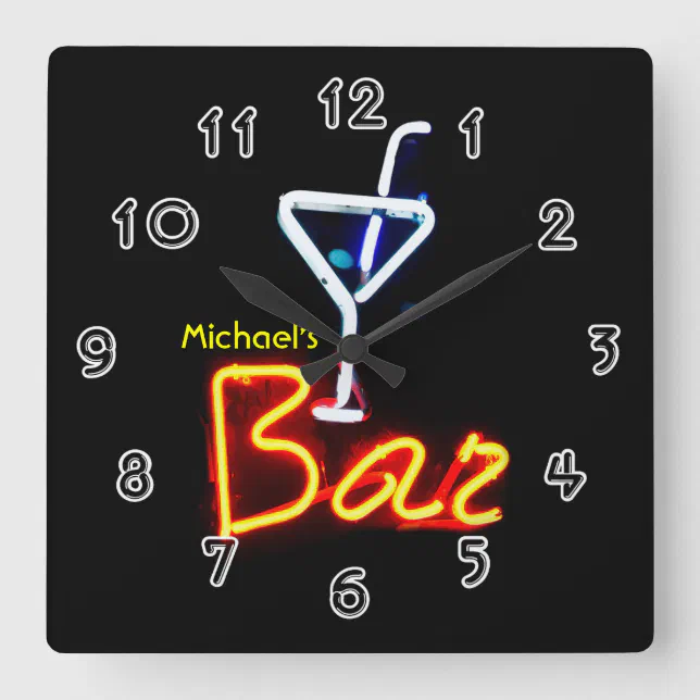 Neon Sign Home Bar Personalized Square Wall Clock | Zazzle