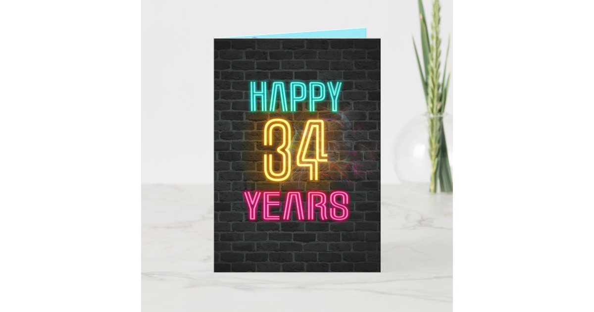 Neon sign on brick for 34th birthday card | Zazzle