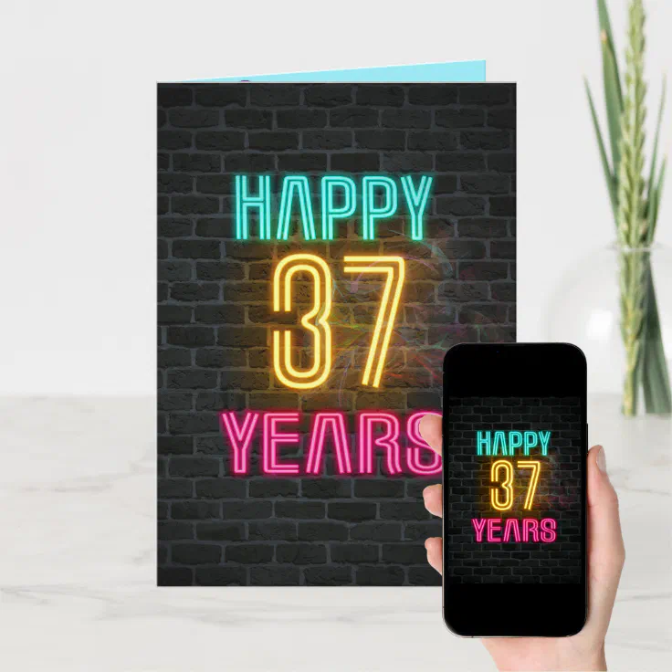 Neon sign on brick for 37th birthday card | Zazzle
