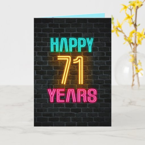 Neon sign on brick for 71st birthday card | Zazzle