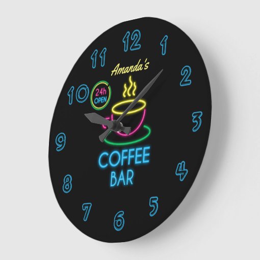 Neon Sign Personalized Coffee Bar Large Clock | Zazzle