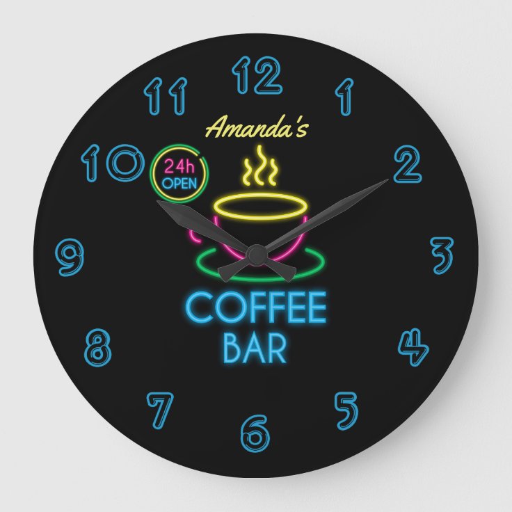 Neon Sign Personalized Coffee Bar Large Clock | Zazzle