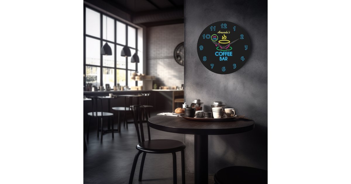 Neon Sign Personalized Coffee Bar Large Clock | Zazzle
