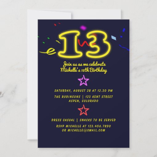 Neon Sign Thirteenth Birthday Party Invitation | Zazzle