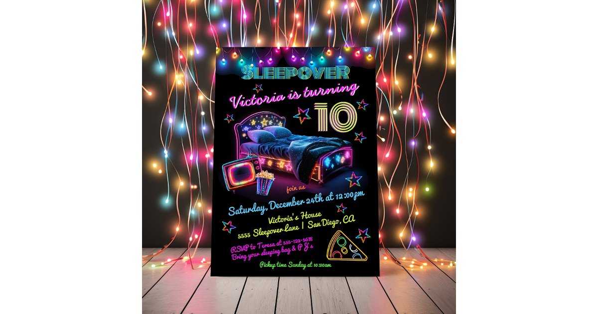 Neon Sleepover Pajama Party Birthday Invitation | Zazzle