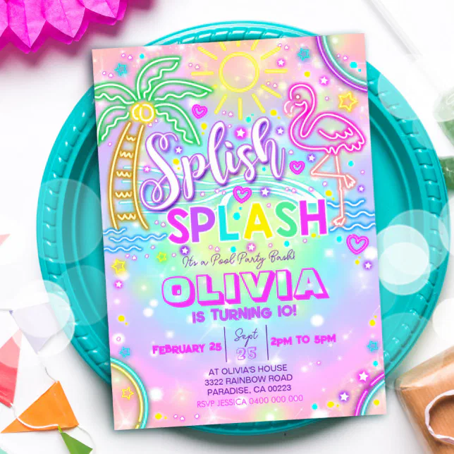 Neon Splish Splash Pool Party Invitation | Zazzle