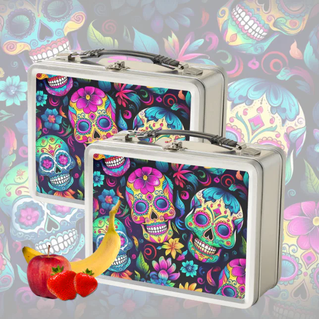 Neon Sugar Skull Metal Lunch Box Zazzle