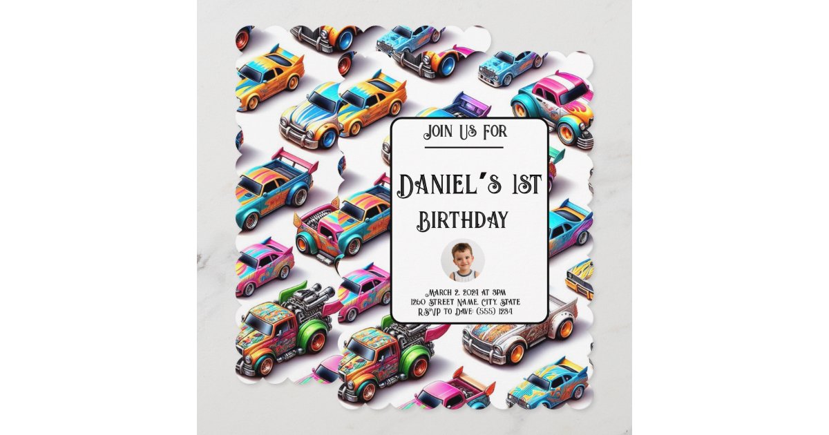 Neon Toy Car Theme 1st Birthday Invitation | Zazzle