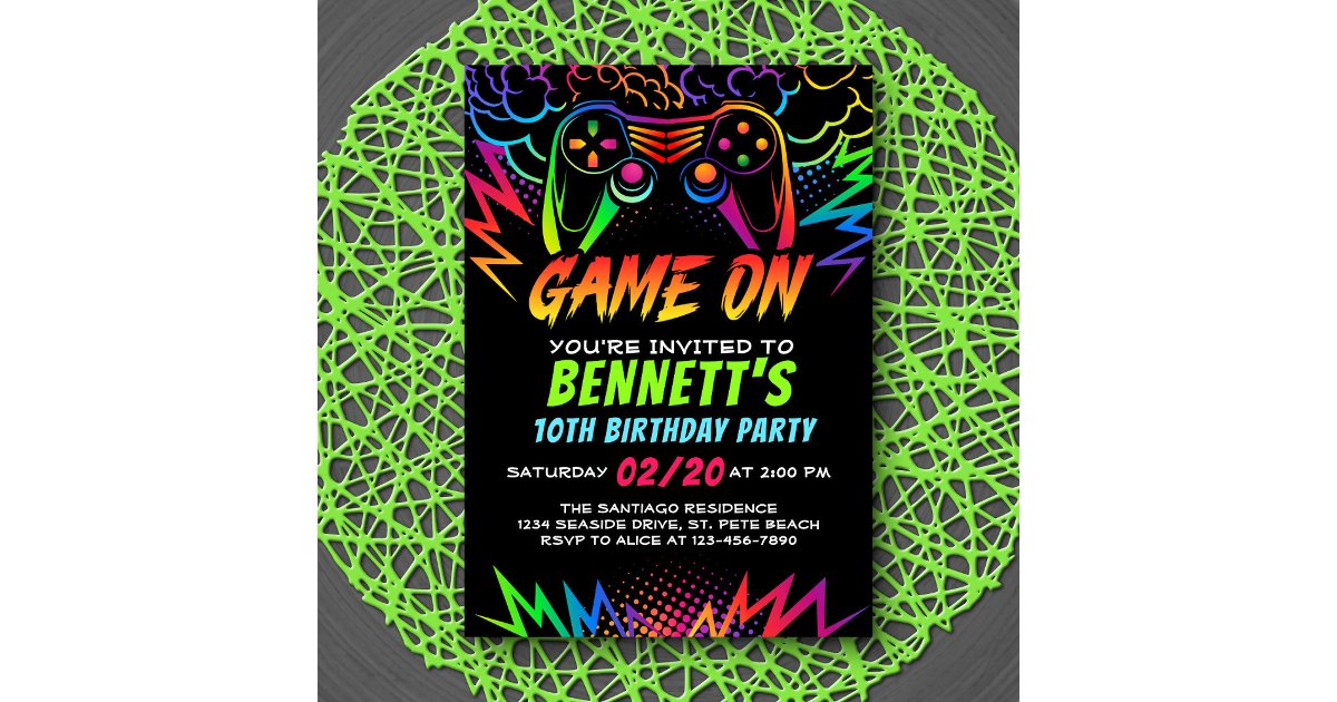 Neon Video Game Controller Birthday Invitation | Zazzle