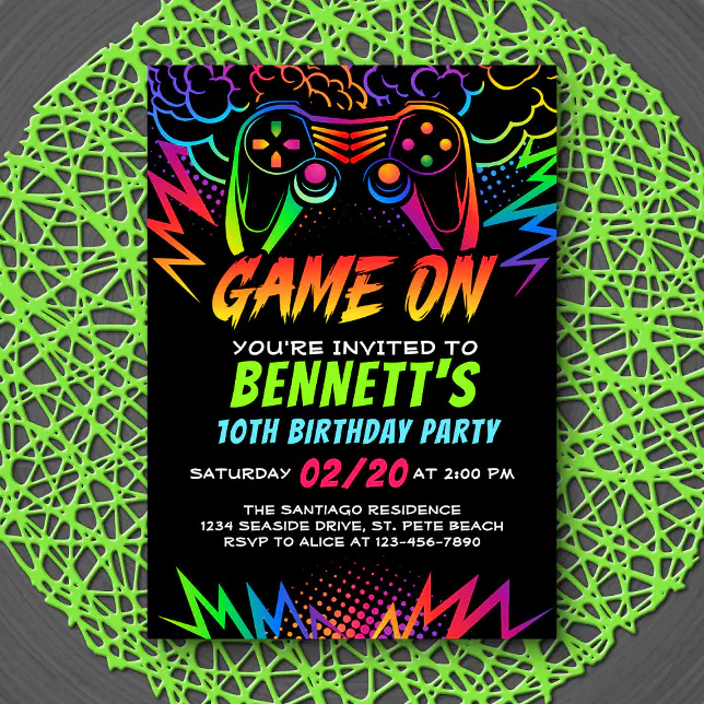 Neon Video Game Controller Birthday Invitation | Zazzle