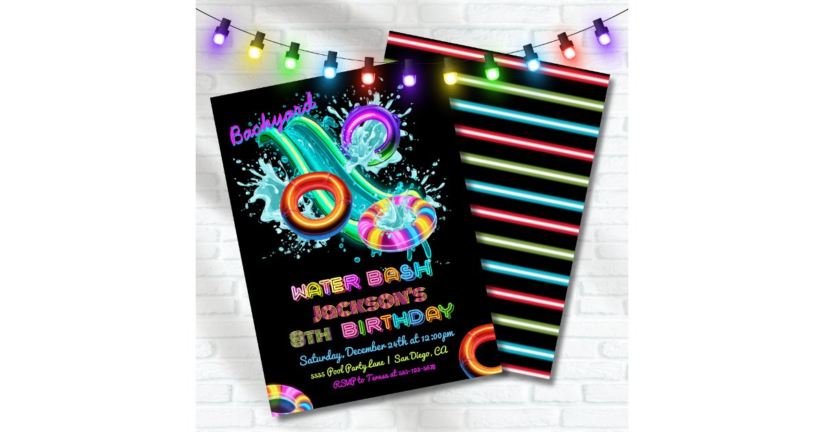 Neon waterslide tubing pool birthday party invitation | Zazzle