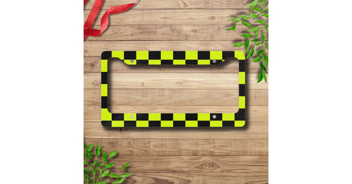 Neon Yellow Black Checkered Checkerboard Vintage License Plate Frame ...