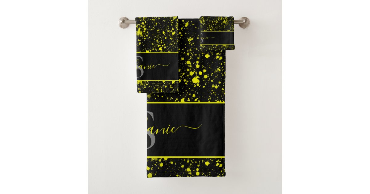 Neon Yellow Paint Splatter Monogram Retro Bath Towel Set | Zazzle