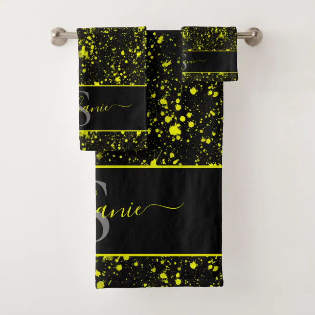 Neon Yellow Paint Splatter Monogram Retro Bath Towel Set | Zazzle