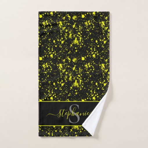Neon Yellow Paint Splatter Monogram Retro Bath Towel Set | Zazzle