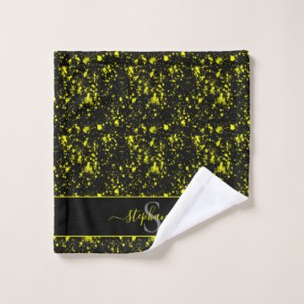 Neon Yellow Paint Splatter Monogram Retro Bath Towel Set | Zazzle