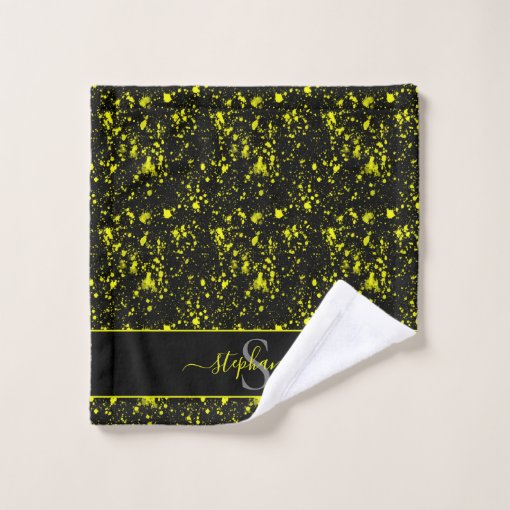 Neon Yellow Paint Splatter Monogram Retro Bath Towel Set | Zazzle