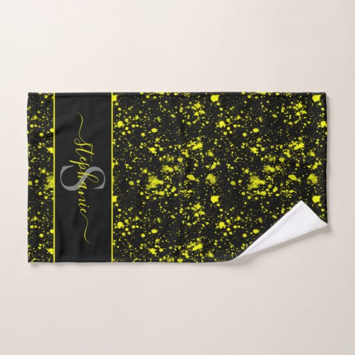 Neon Yellow Paint Splatter Monogram Retro Bath Towel Set | Zazzle