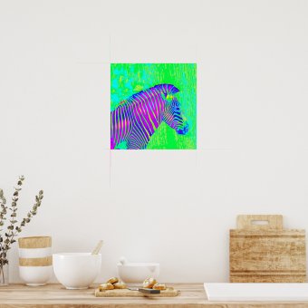 neon zebra - green,blue and purple retro poster | Zazzle