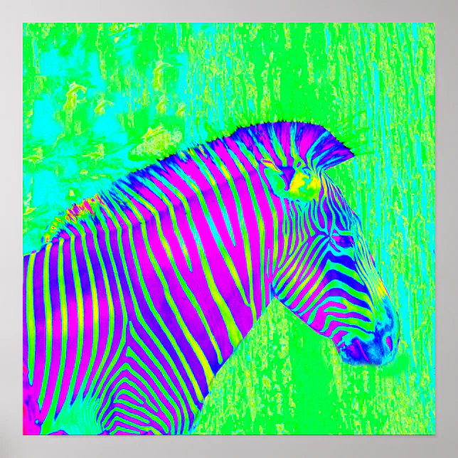neon zebra - green,blue and purple retro poster | Zazzle