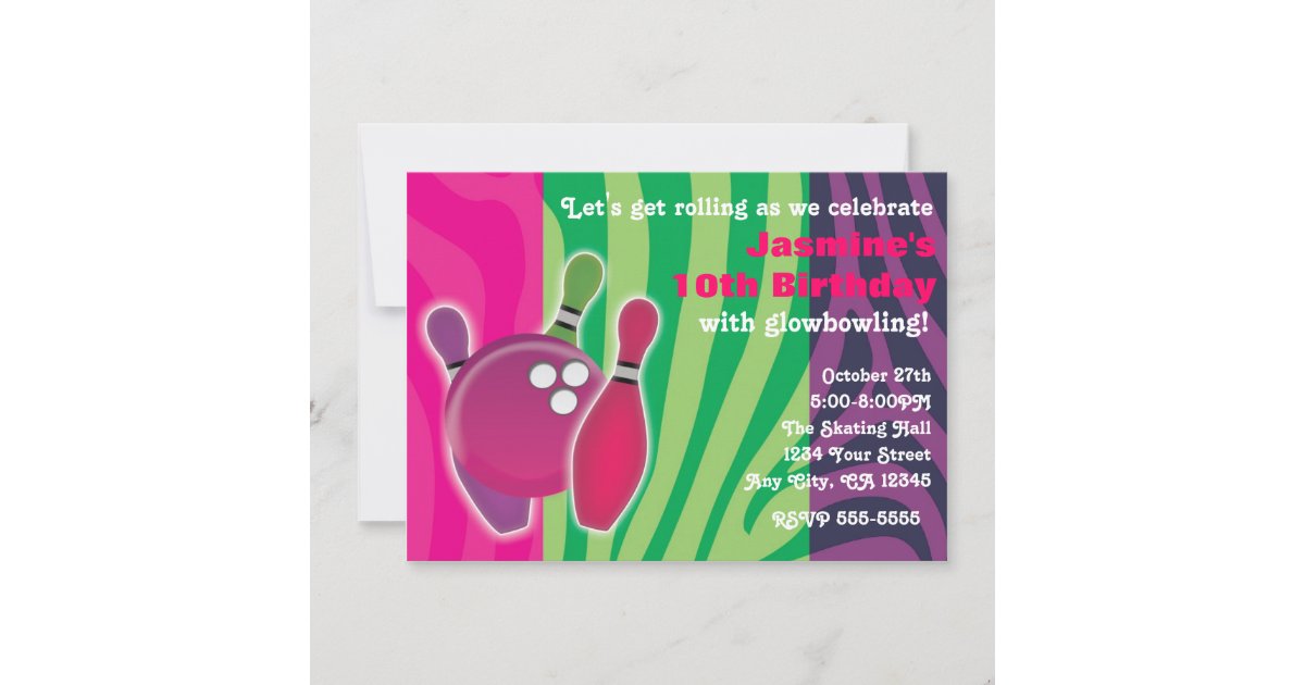 Neon Zebra Print Bowling Glow Bowl Party Invite | Zazzle