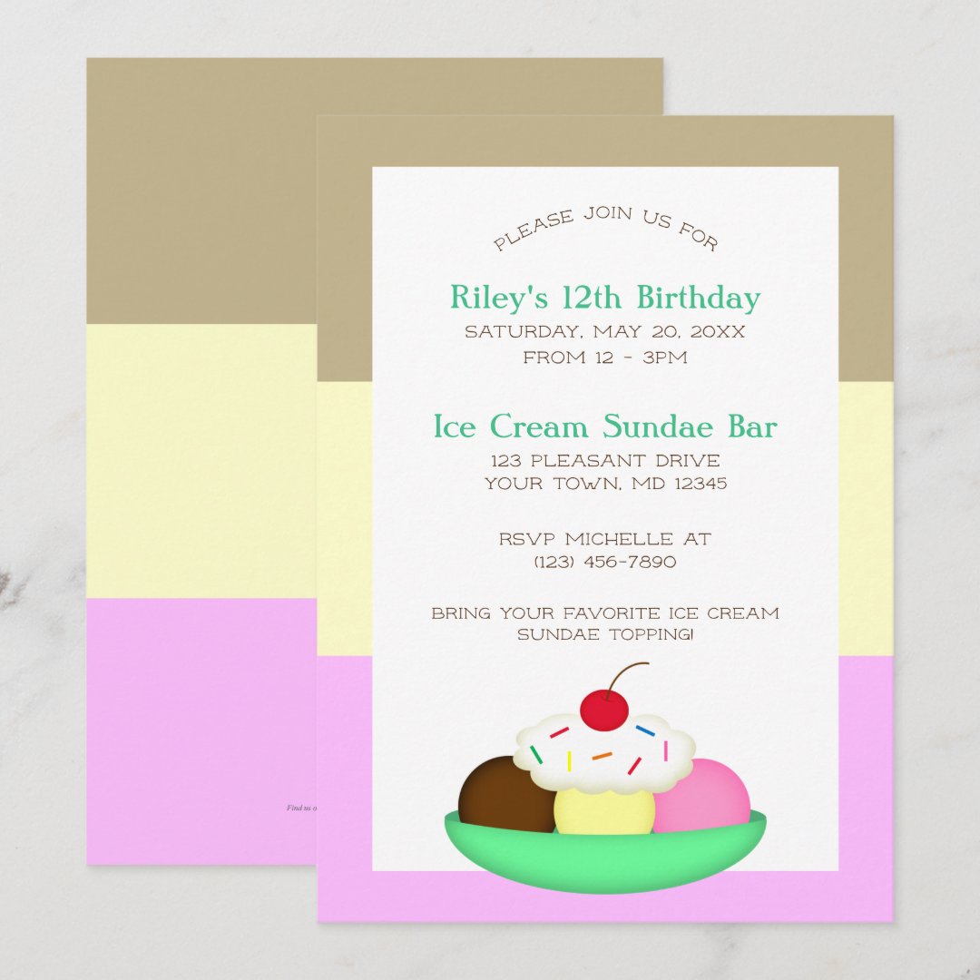 Neopolitan Stripe Ice Cream Sundae Birthday Invitation | Zazzle