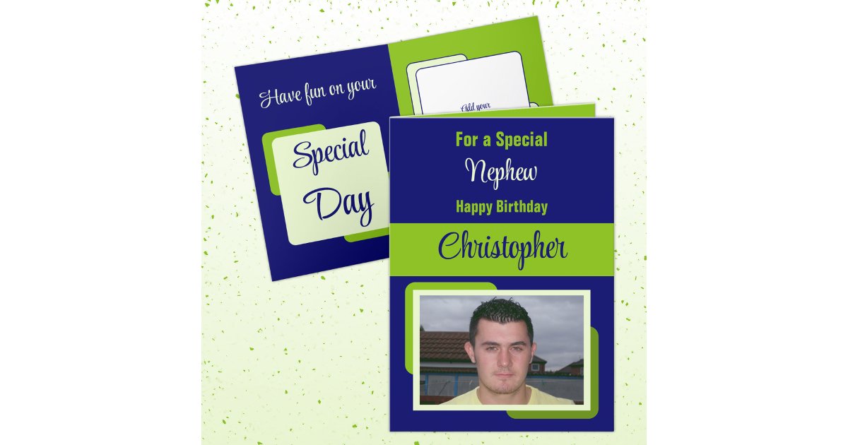 Nephew name photo blue green birthday card | Zazzle