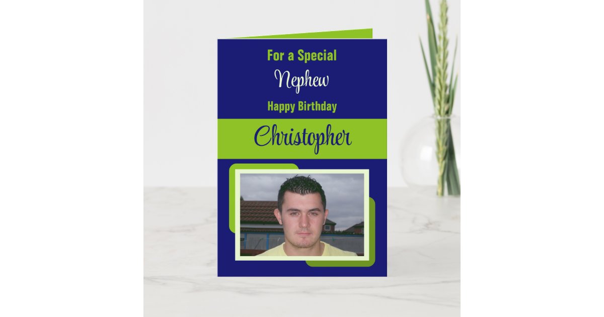 Nephew name photo blue green birthday card | Zazzle
