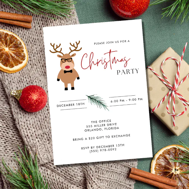 Nerdy Reindeer Office Christmas Party Invitation | Zazzle