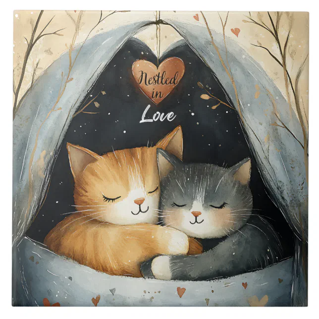Nestled in Love Kitty Cat Cuddles Illustrated Art Ceramic Tile | Zazzle