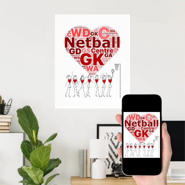 Netball Positions Typography Heart Design Poster | Zazzle