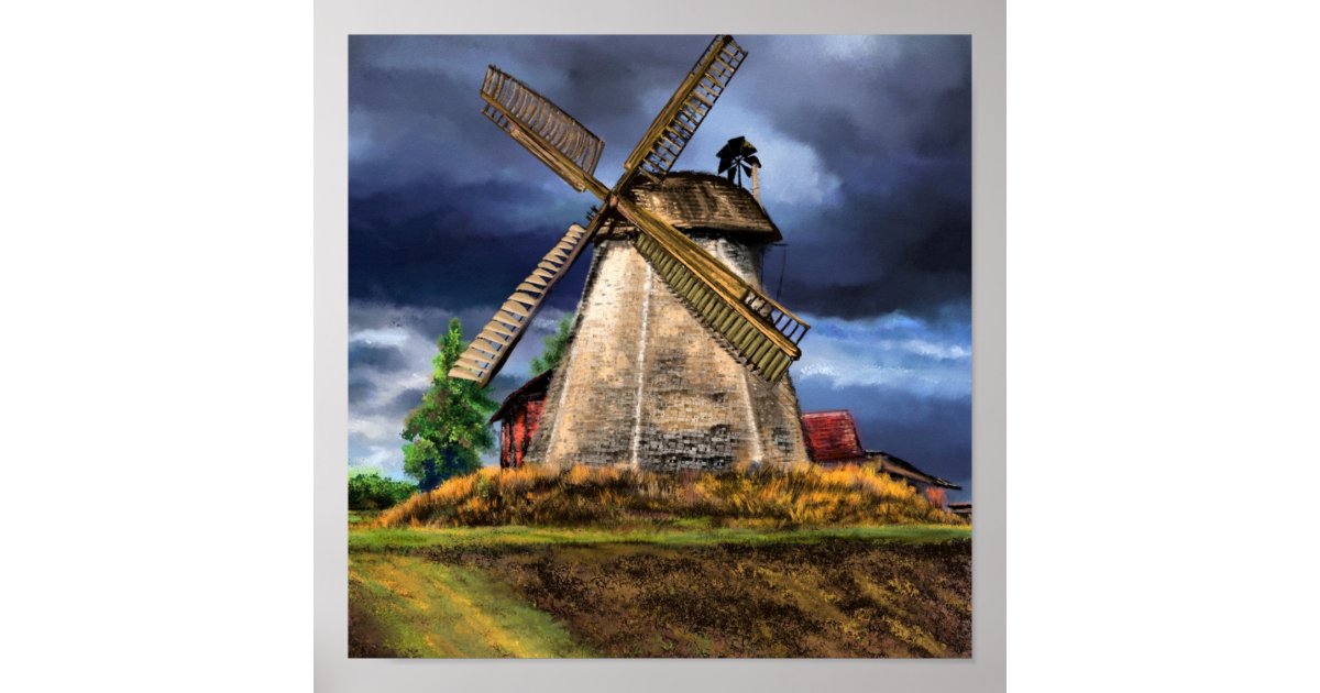 Netherlands Landscape Windmill Poster Painting | Zazzle