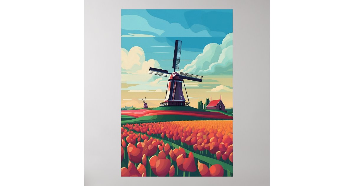 Netherlands WIndmill Tulip Field Illustration Poster | Zazzle