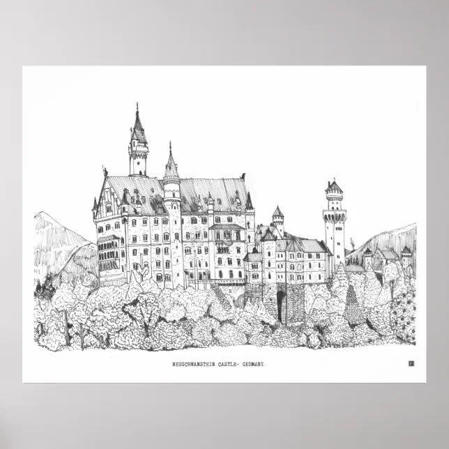 Neuschwanstein Castle Germany Fine Line Art Poster | Zazzle