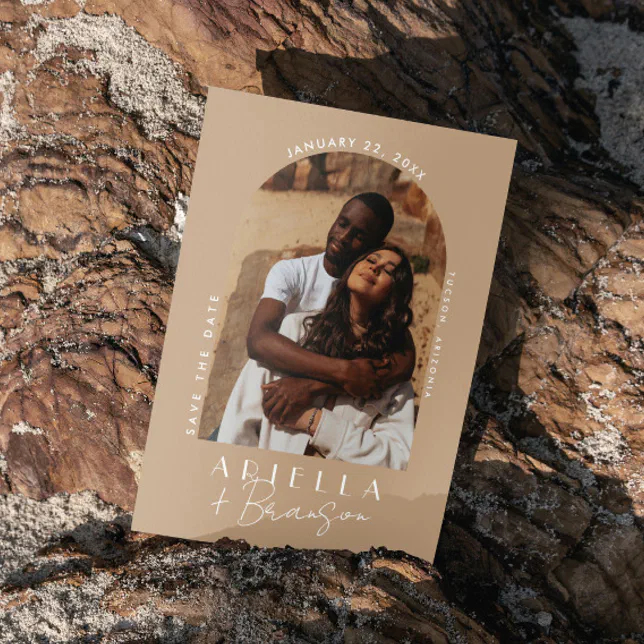 Neutral and Modern Tan Photo Save The Date Card | Zazzle