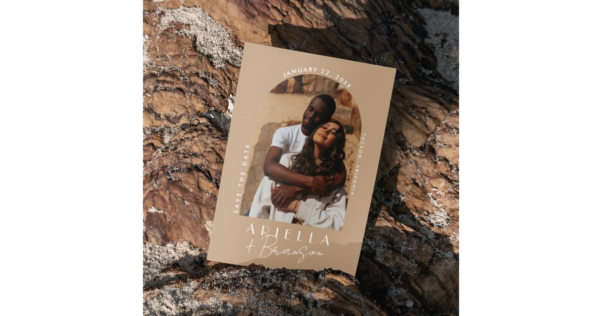 Neutral and Modern Tan Photo Save The Date Card | Zazzle