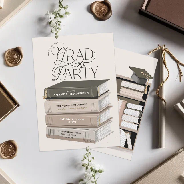 Neutral and Soft Book Stack Grad Party Invitation | Zazzle