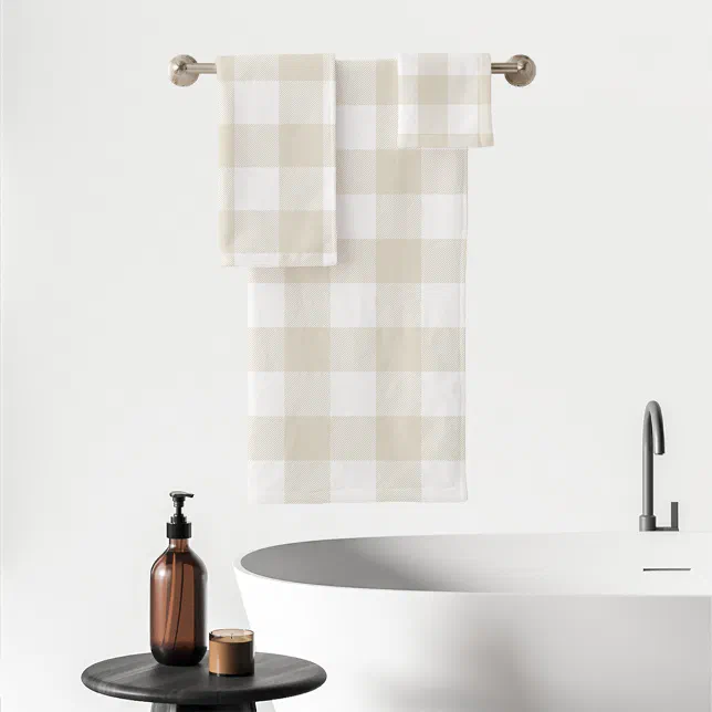Neutral Beige Buffalo Check Plaid Rustic Farmhouse Bath Towel Set | Zazzle