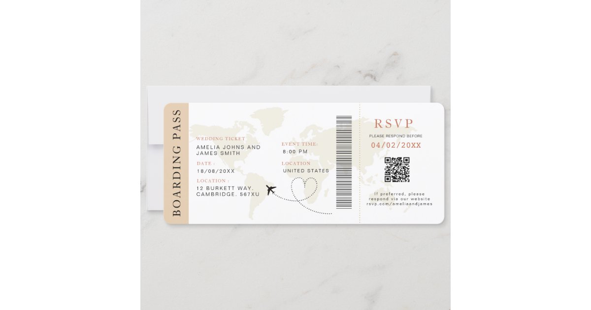 Neutral Boarding Pass Destination wedding QR code Invitation | Zazzle